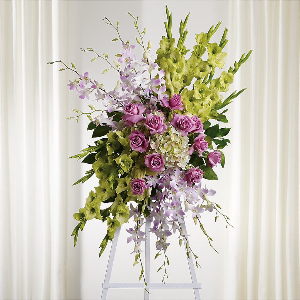 Lasting Legacy Standing Spray – green, lavender flower arrangement ...
